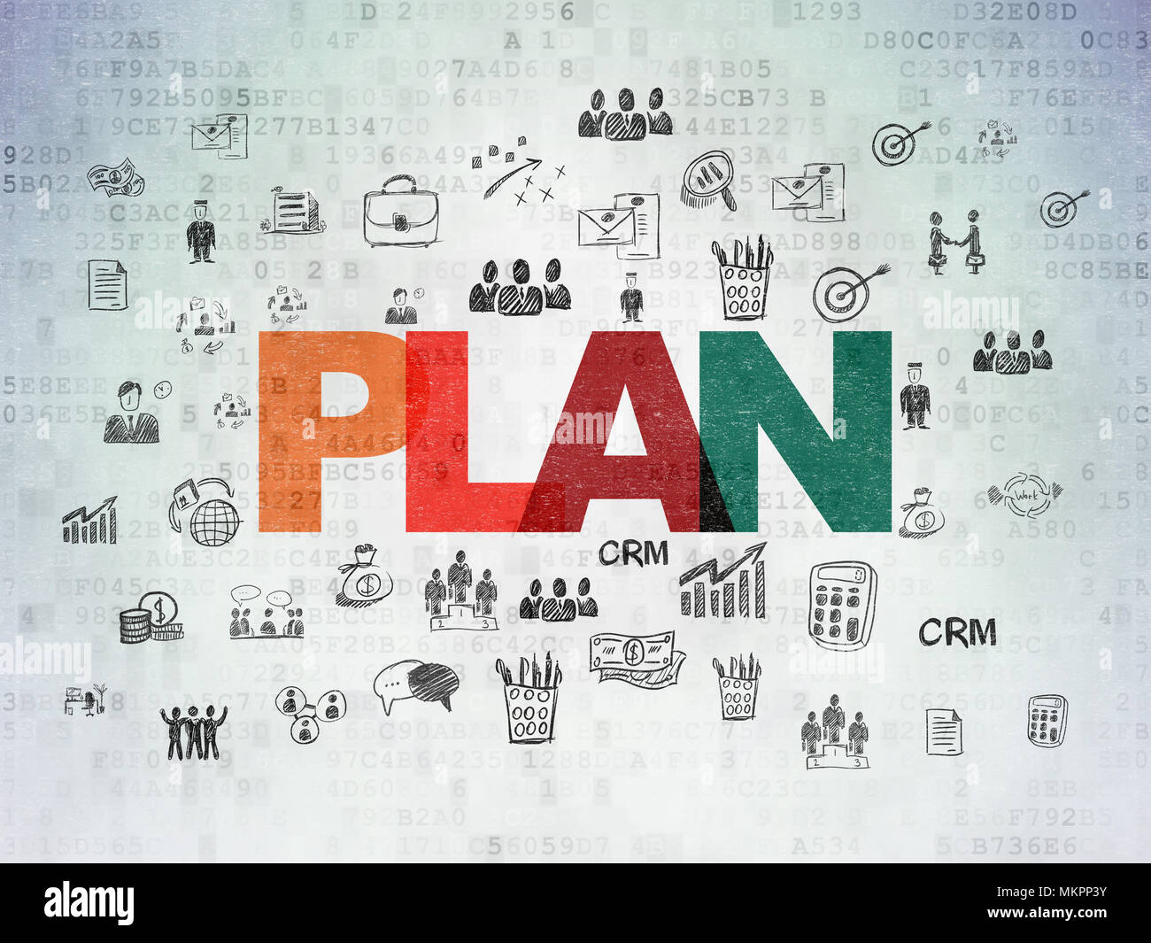 Business concept: Painted multicolor text Plan on Digital Data Paper background with Hand Drawn ...