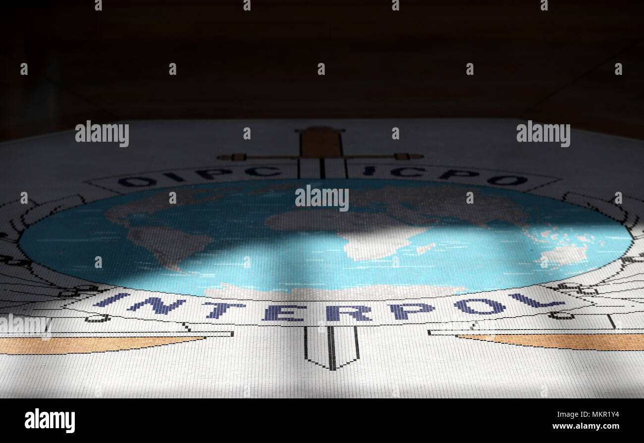 A view of the crest of Interpol on the floor of the offices of Interpol ...