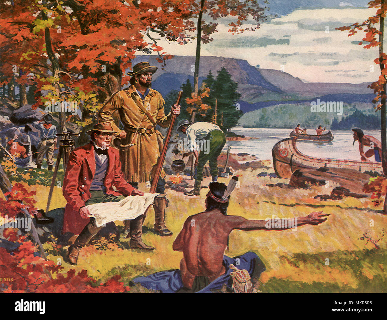Frontiermen conversing with Native American at Camp Stock Photo - Alamy