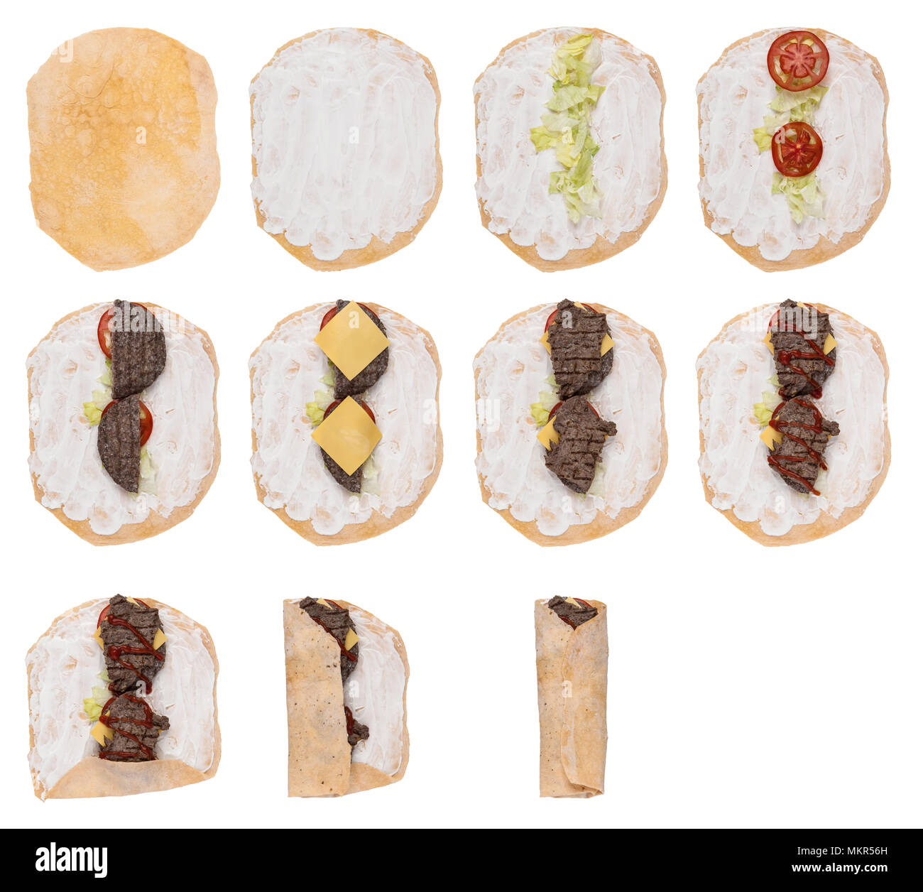 the stages and the process of preparing a sandwich of lavash on a white ...