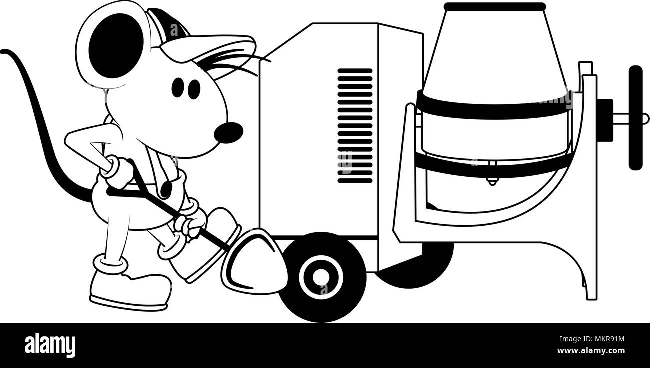 Worker mouse with construction mixer on black and white Stock Vector ...