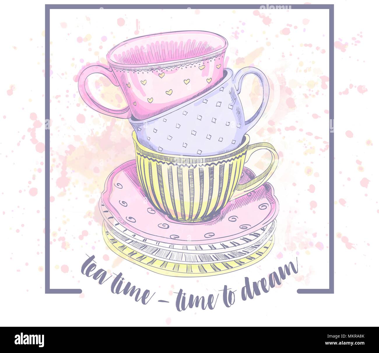 Vector tea cups watercolor. Tea time – time to dream Stock Vector Image ...