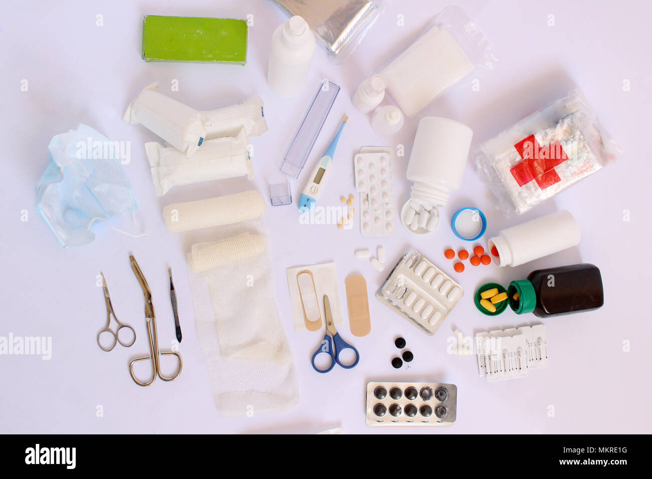 Medical supplies, pills, first aid kit Stock Photo - Alamy