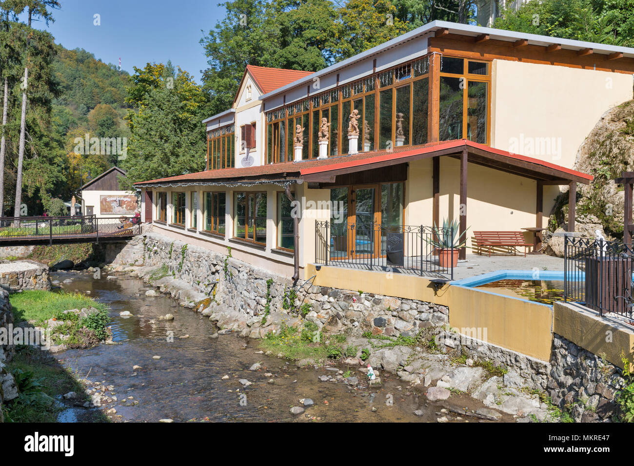 SKLENE TEPLICE - SEPTEMBER 28, 2017: Stream in front of cave bath on ...