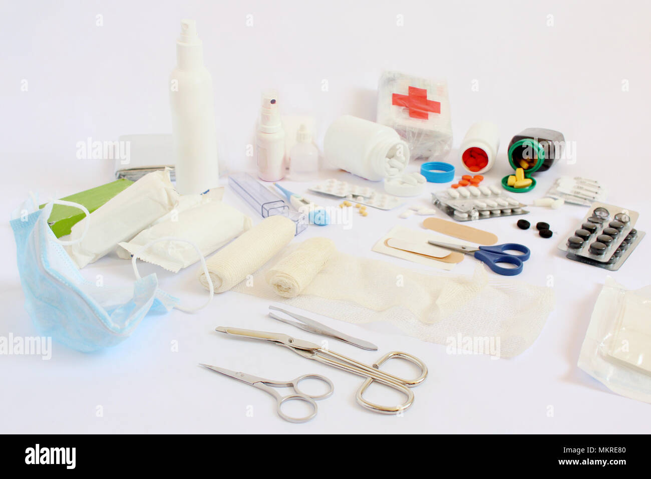 Medical supplies, pills, first aid kit Stock Photo - Alamy