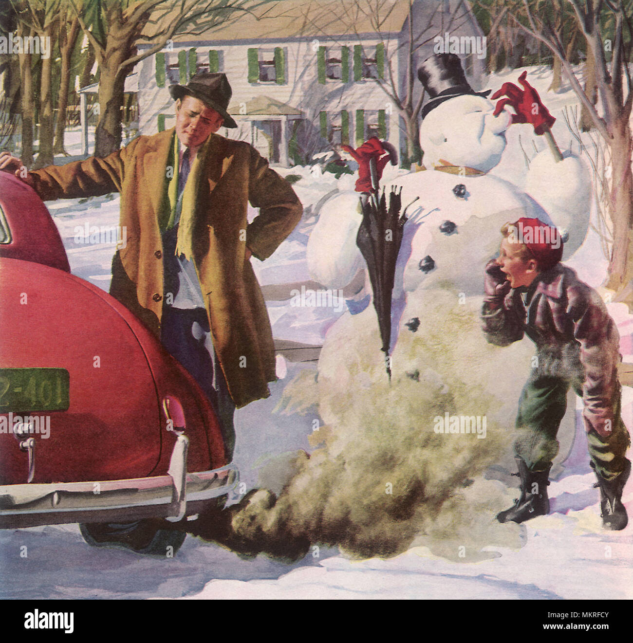 Car Sputters as Boy Taunts and Snowman holds his Nose Stock Photo - Alamy