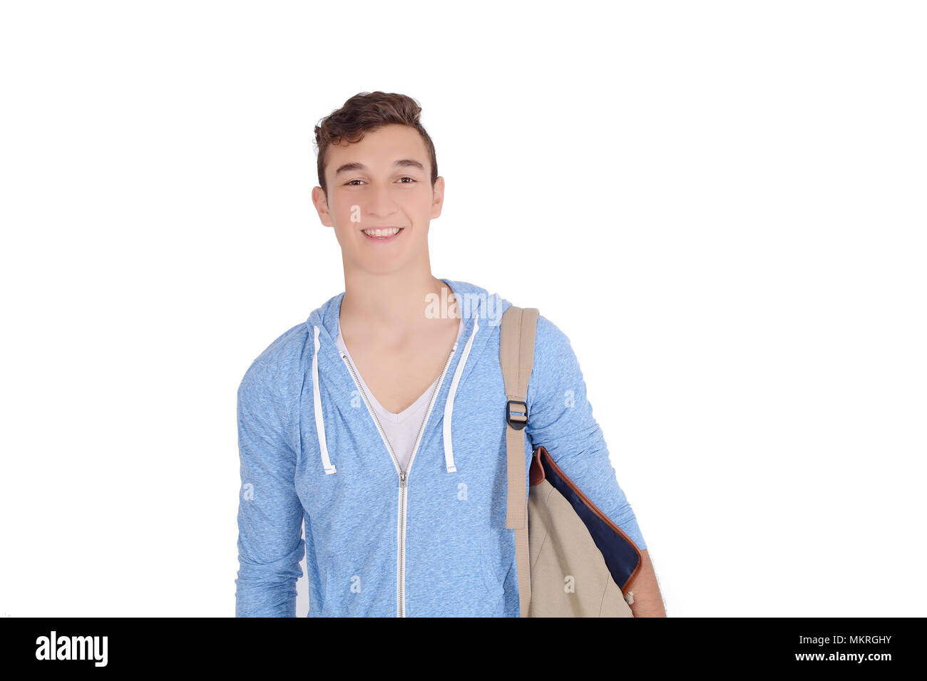 Portrait of beautiful student with backpack. Isolated on white ...