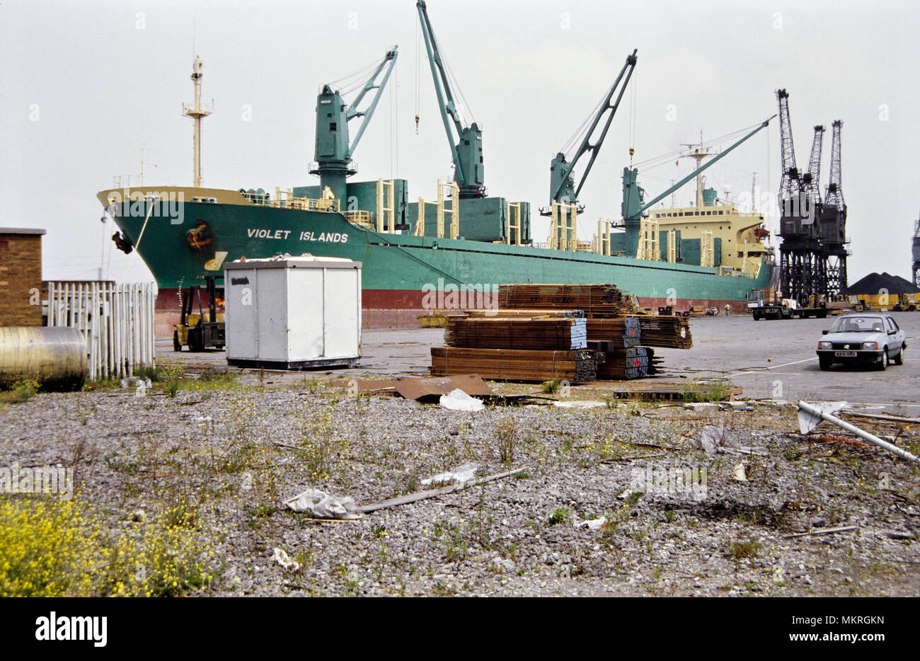 Bulk cargo ship Violet Islands leaving Newport Docks spring 1992 Wales ...