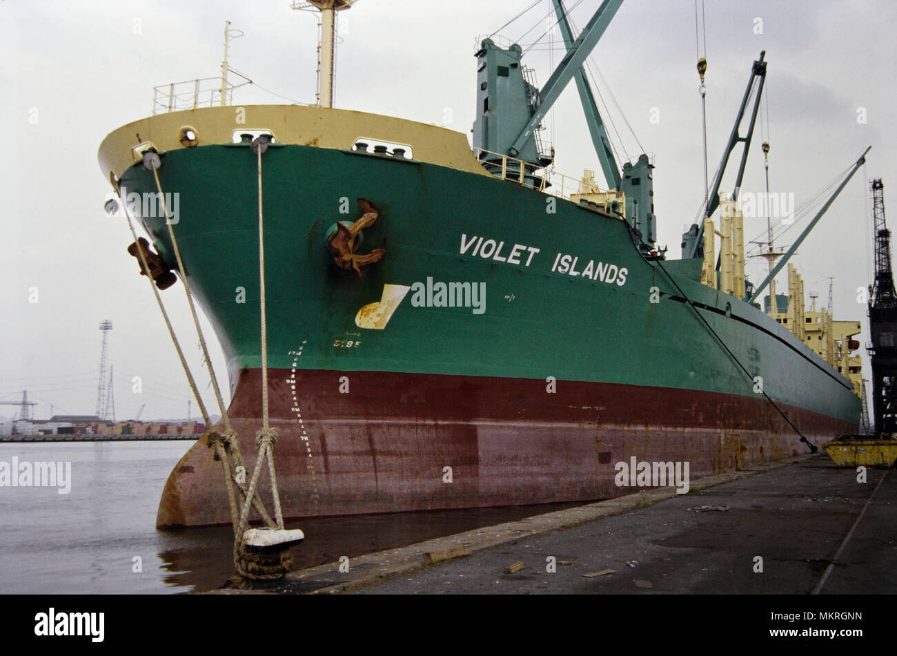 Bulk cargo ship Violet Islands leaving Newport Docks spring 1992 Wales ...