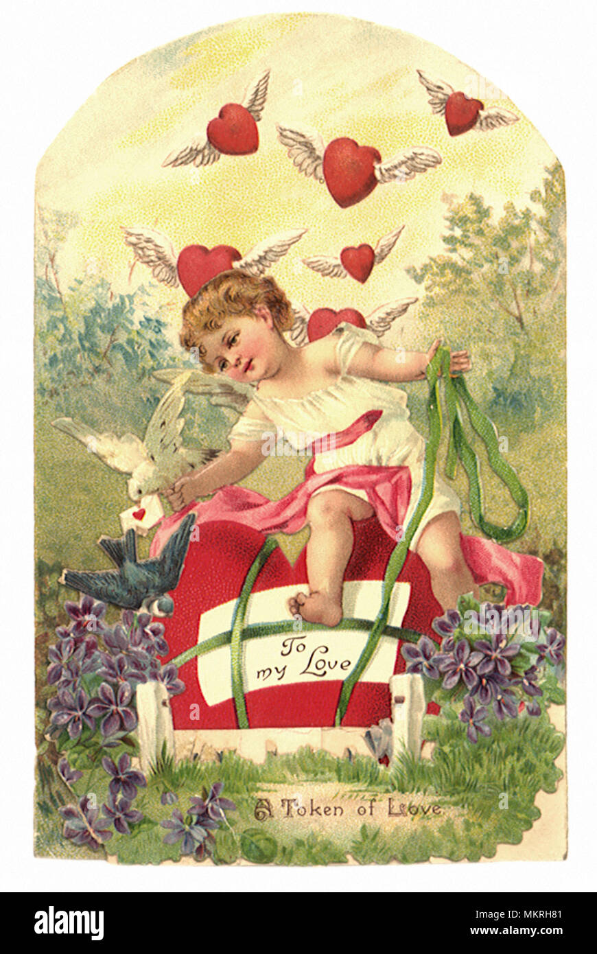 Cherub On Heart with Birds and Flying Hearts Stock Photo - Alamy