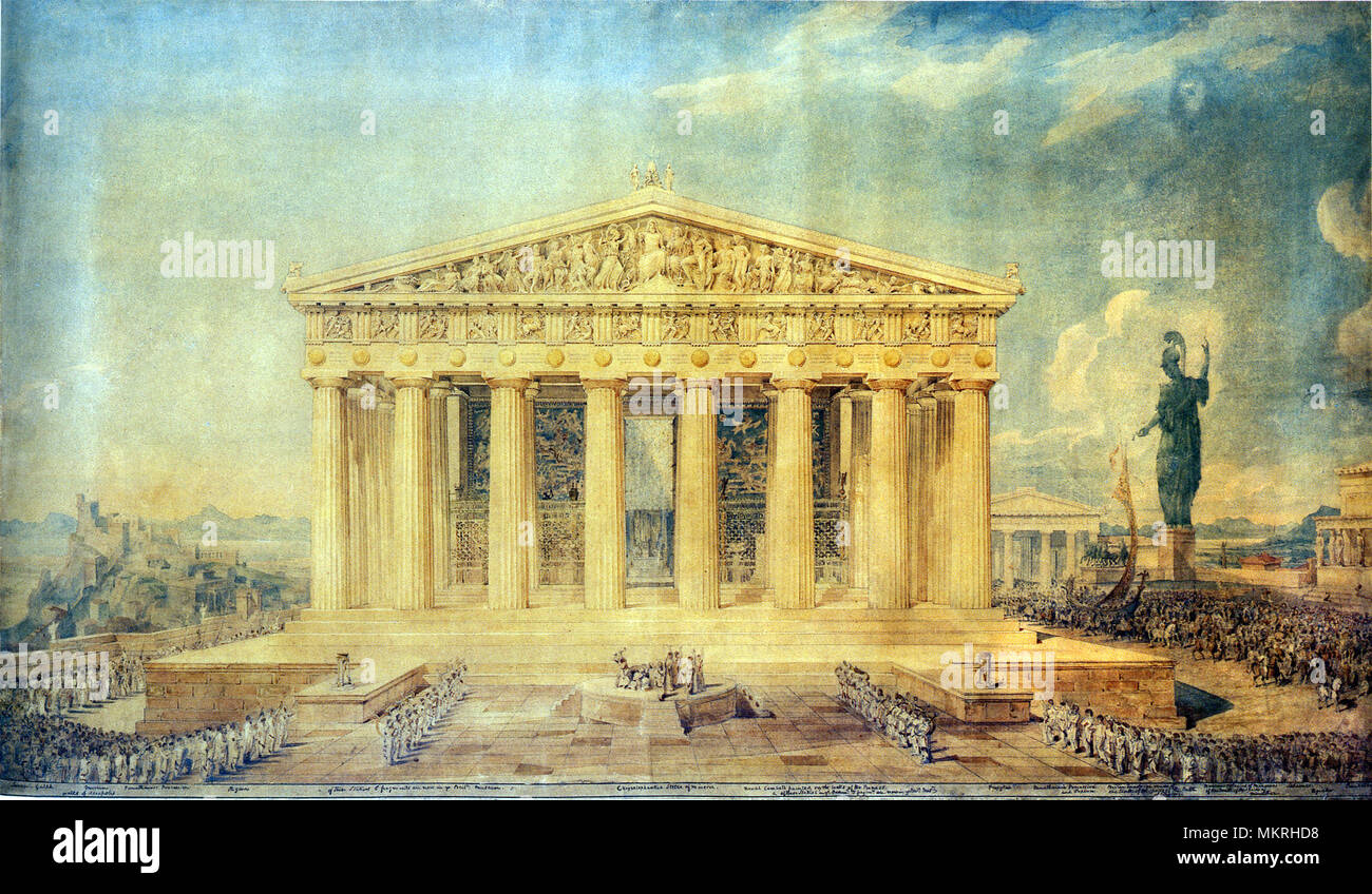 The Parthenon with Greek troops in ceremony, Greece 1840 Stock Photo ...