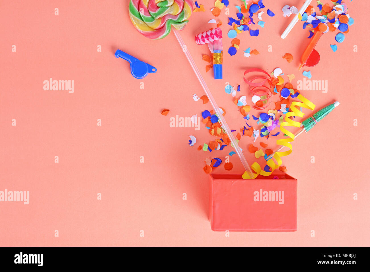 Colorful party frame with birthday objets on orange background ...