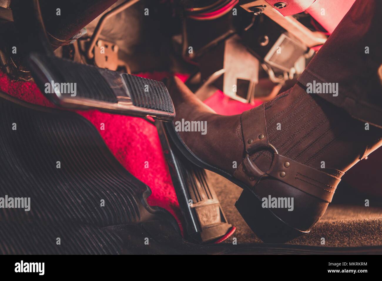 Cowboy Pushing the Accelerator Using Cowboy Boot. Wild West Pedal to ...