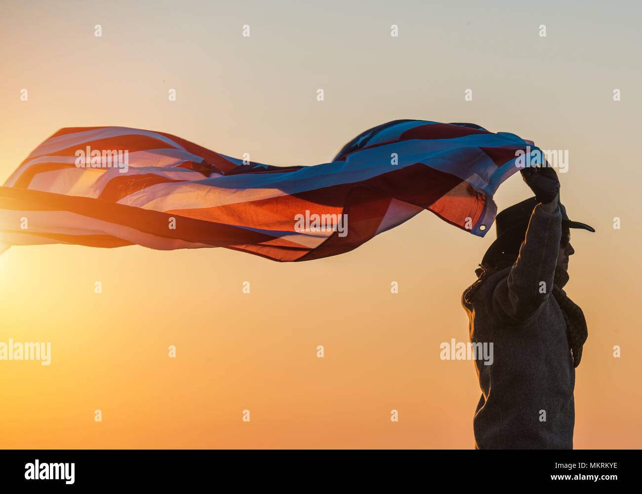 Caucasian American Cowboy Patriot Running with Flag During 4th of July ...