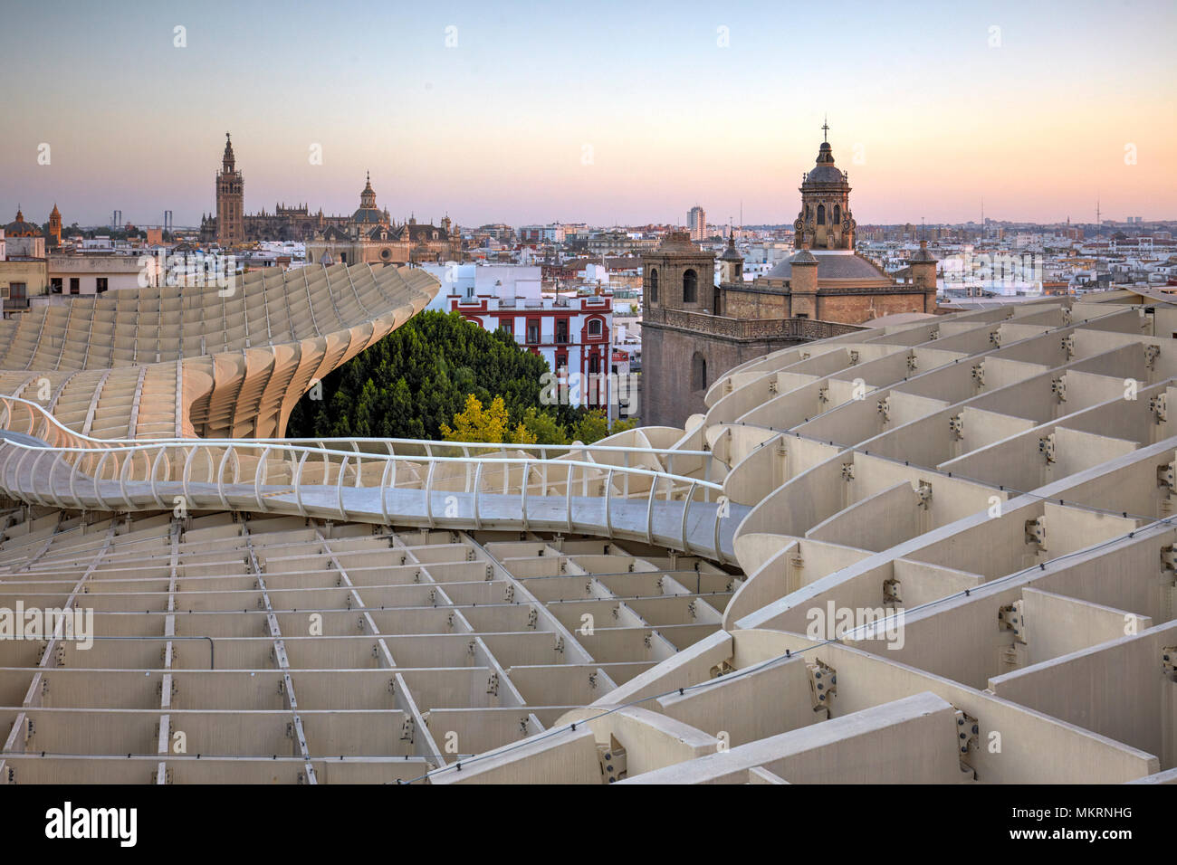 The terrace of the wooden structure of the Metropol Parasol in Seville ...