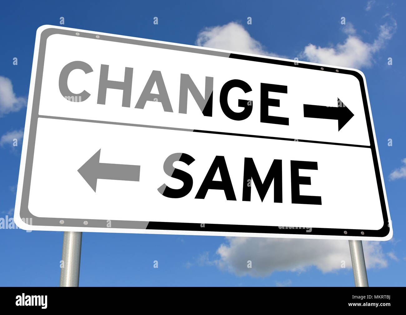 Change versus same signpost against sky Stock Photo - Alamy