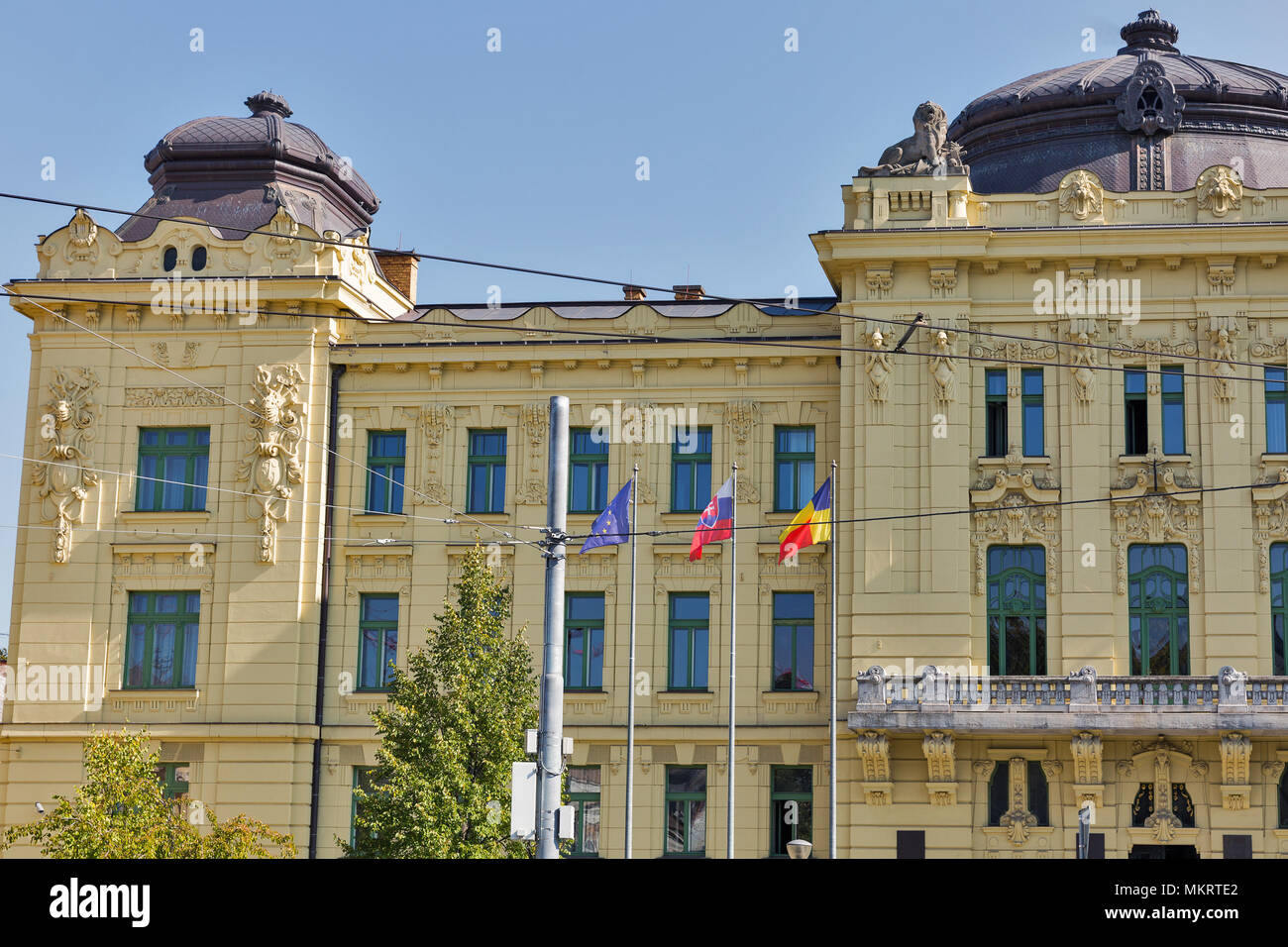 Seat of the Self-governing Region in Kosice, Slovakia. Flags of EU ...