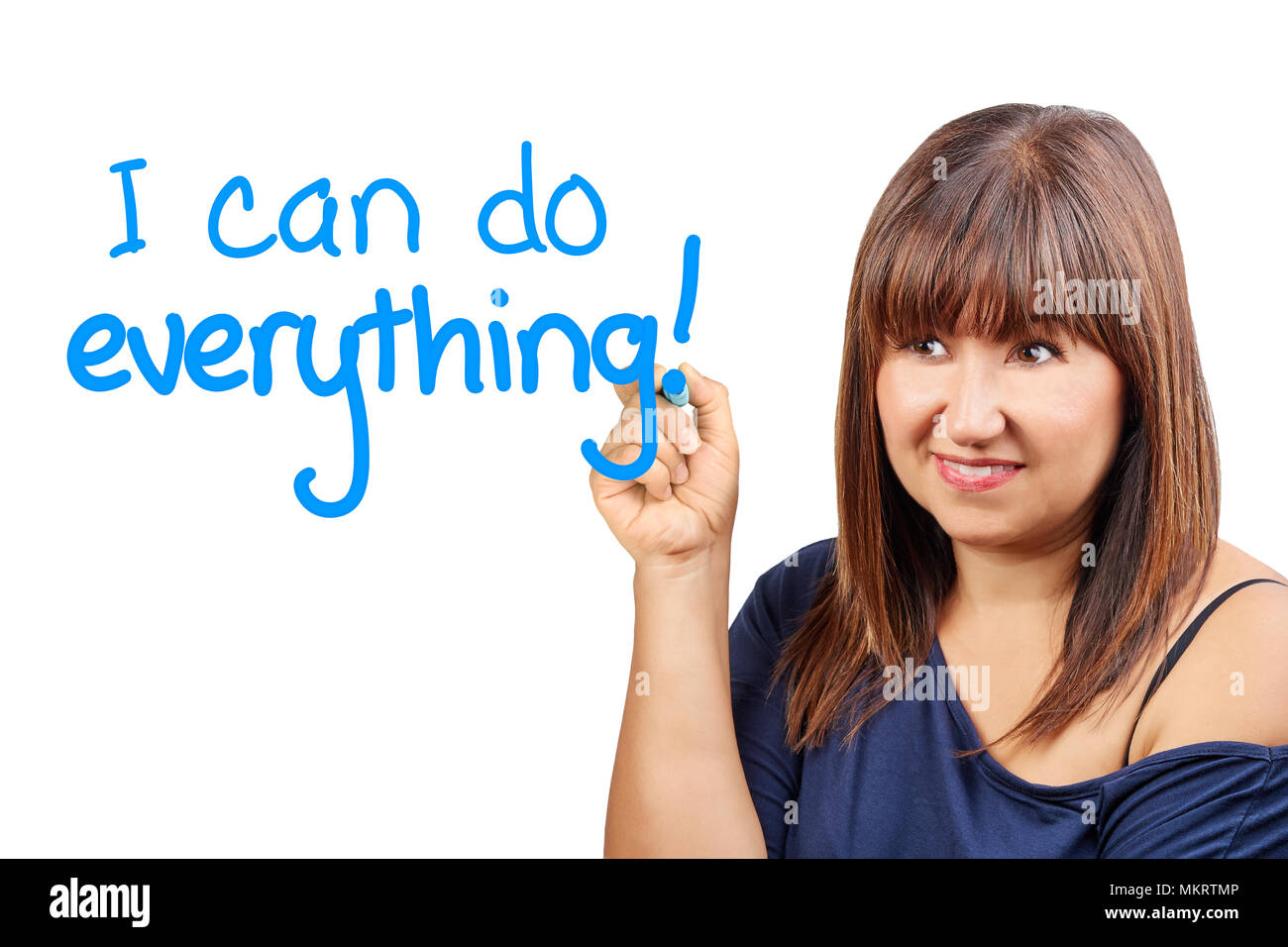 Brunette woman writing I can do everything with felt tip pen isolated ...