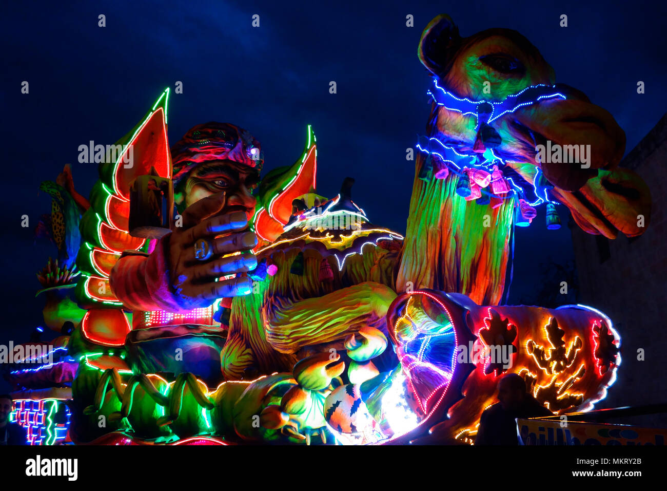 Illuminated Carnival float at night, Carnival in Valletta, February ...