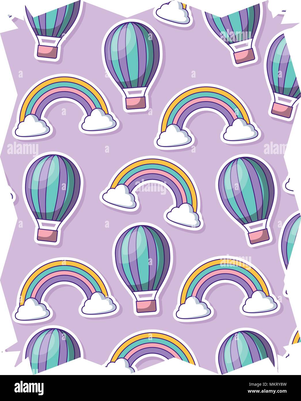 abstract frame of hot air balloon and rainbow pattern over white ...