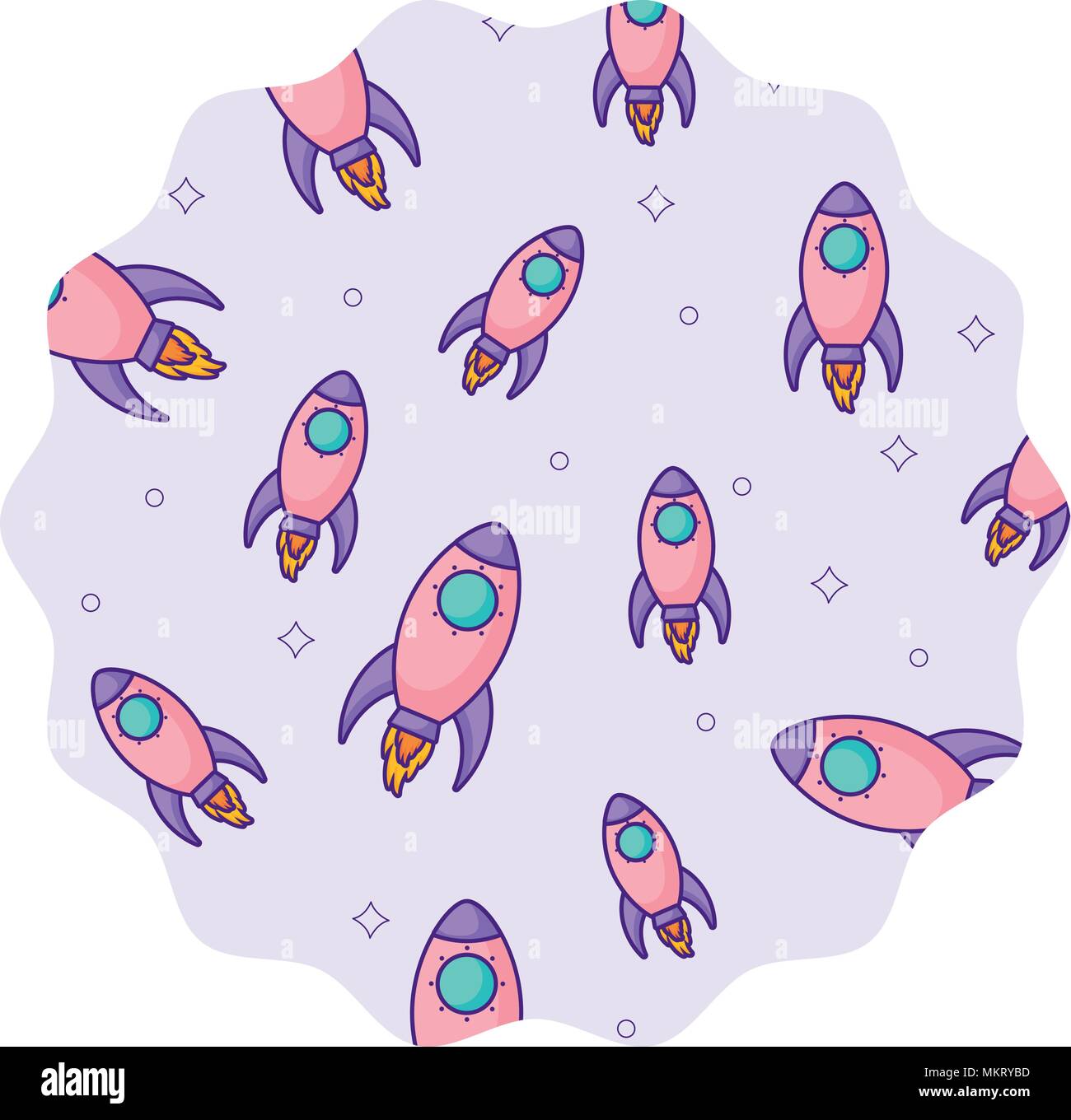 circular frame with space rockets pattern over white background, vector ...