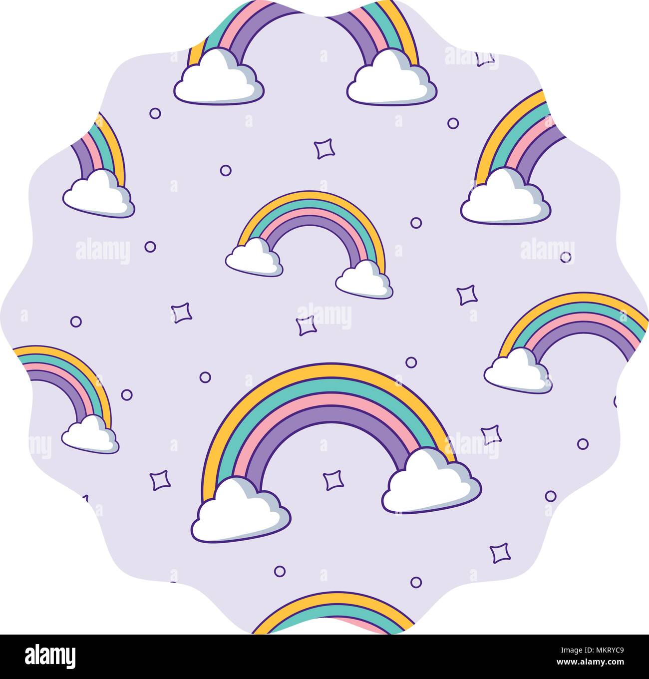 circular frame with rainbow and clouds pattern over white background ...