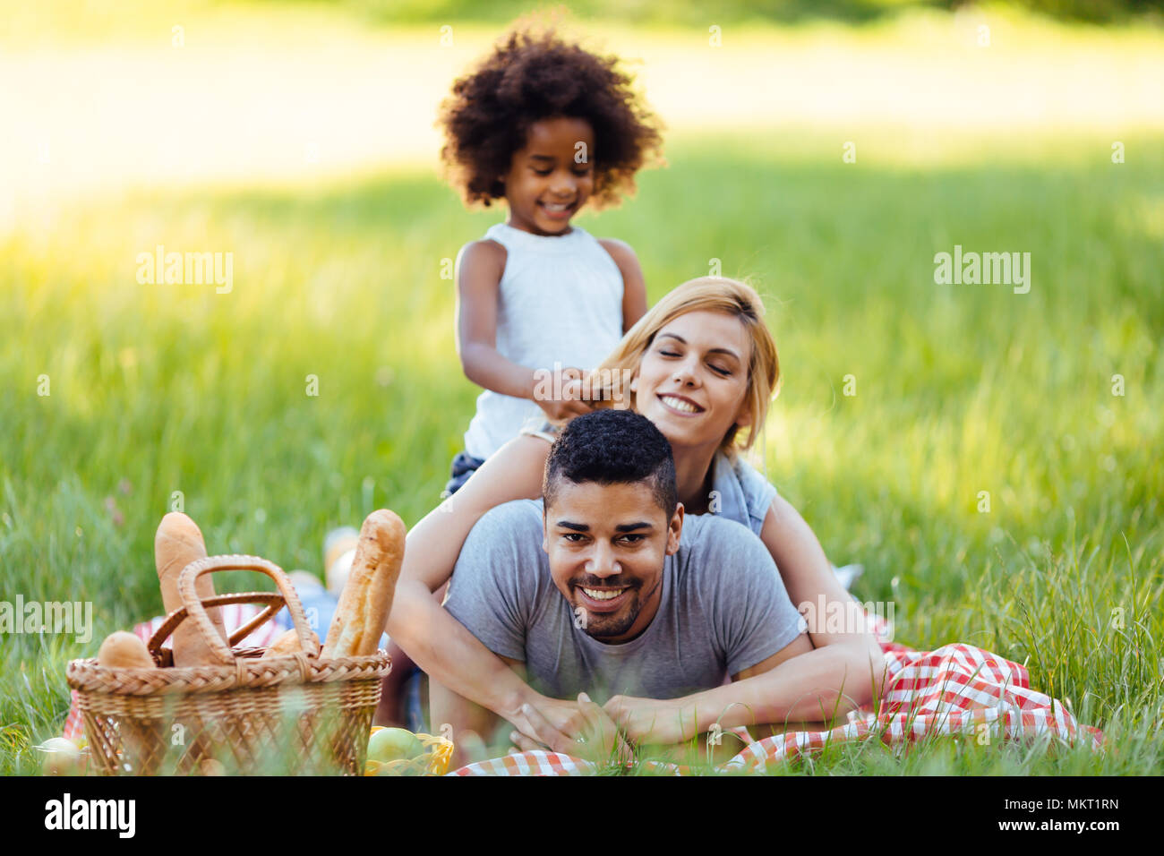 Happy family having fun time on picnic Stock Photo - Alamy