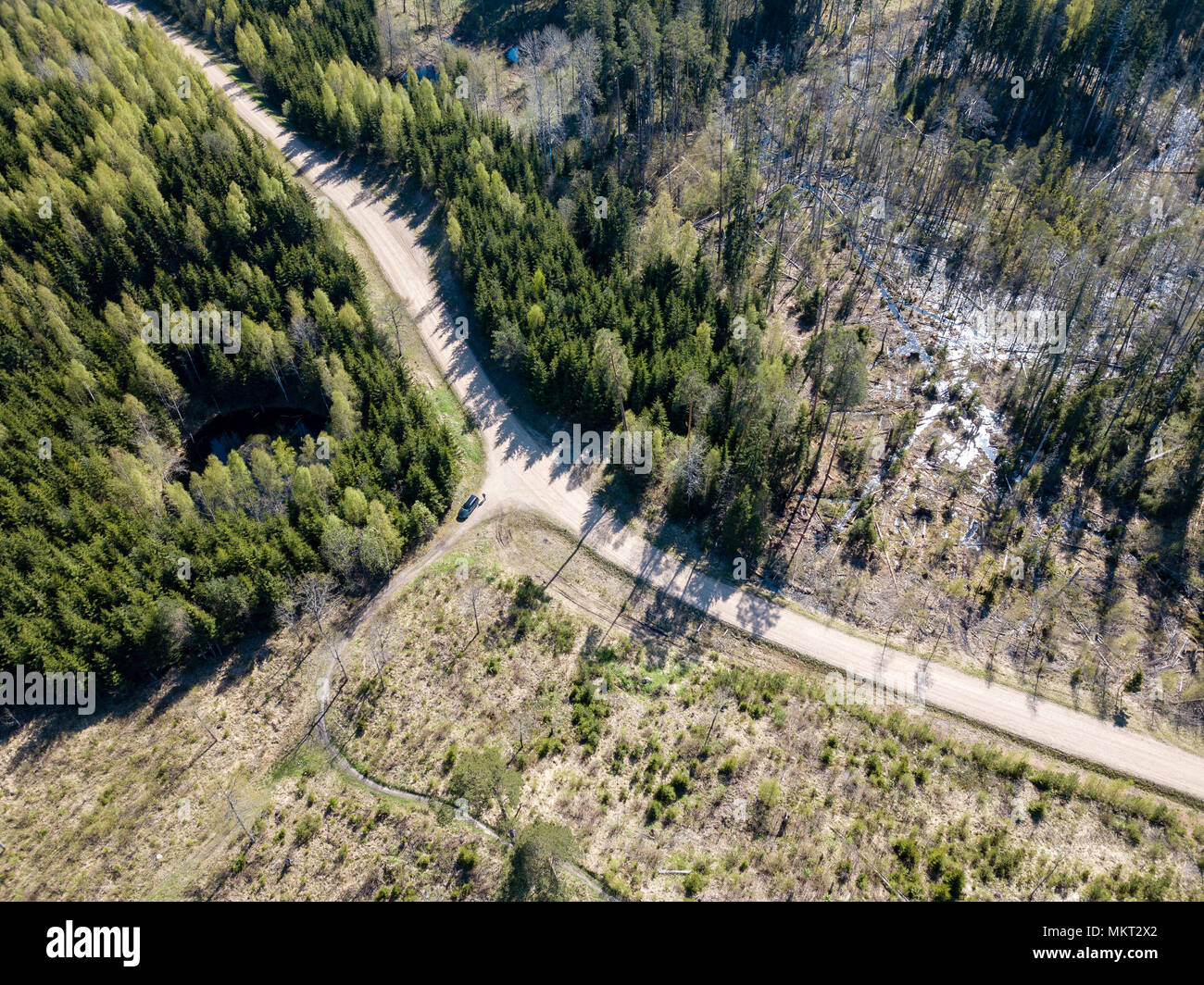 drone image. aerial view of rural area with fields and forests and ...