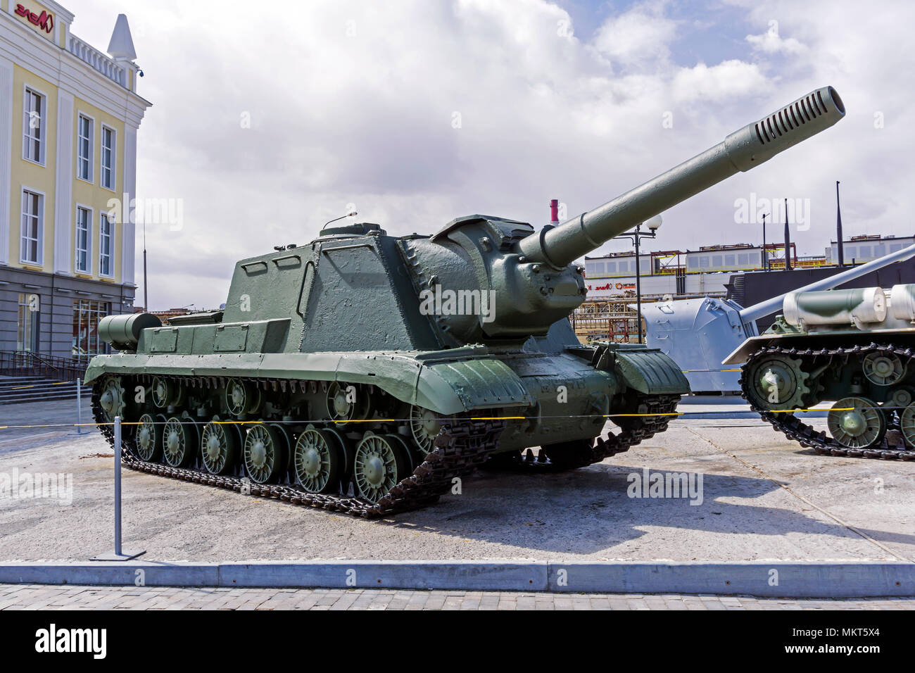 Verkhnyaya Pyshma, Russia - May 01, 2018: Soviet heavy self-propelled gun SU-152 in the museum ...