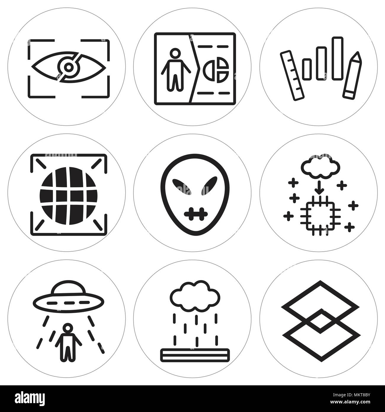 Set Of 9 simple editable icons such as Dimensions, Explosion, Abduction ...