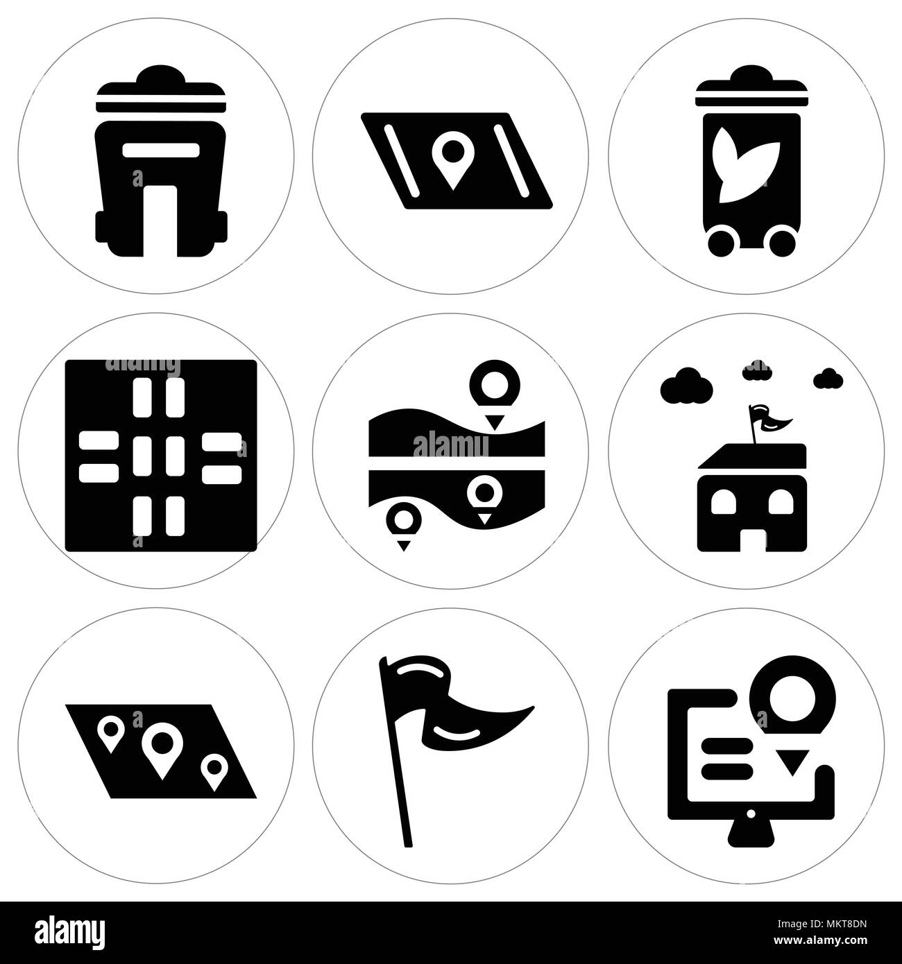 Set Of 9 simple editable icons such as Map, Flag, Hall, Road, Recycling ...