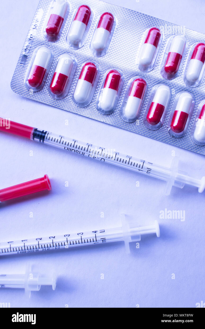 Medical prescription drug pills blister pack of red and white ...