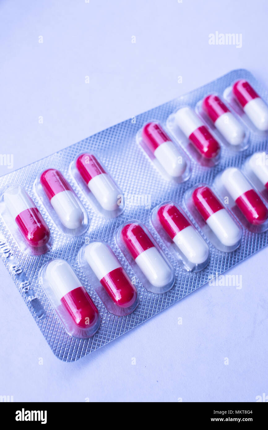 Medical prescription drug pills blister pack of red and white ...