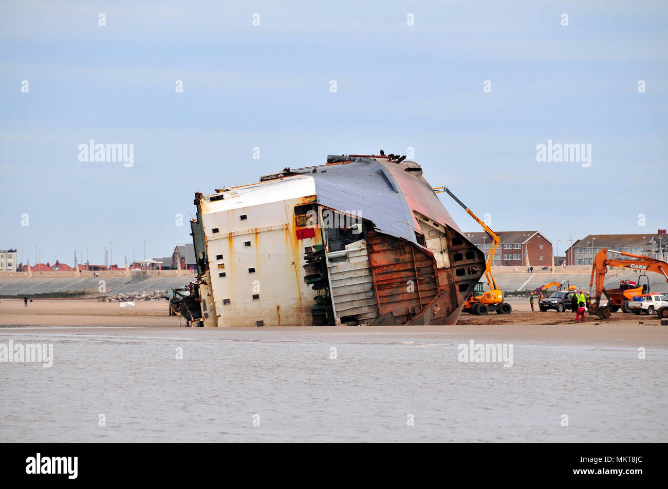 View, north to Cleveleys sea-wall and promenade, of capsized Riverdance ...