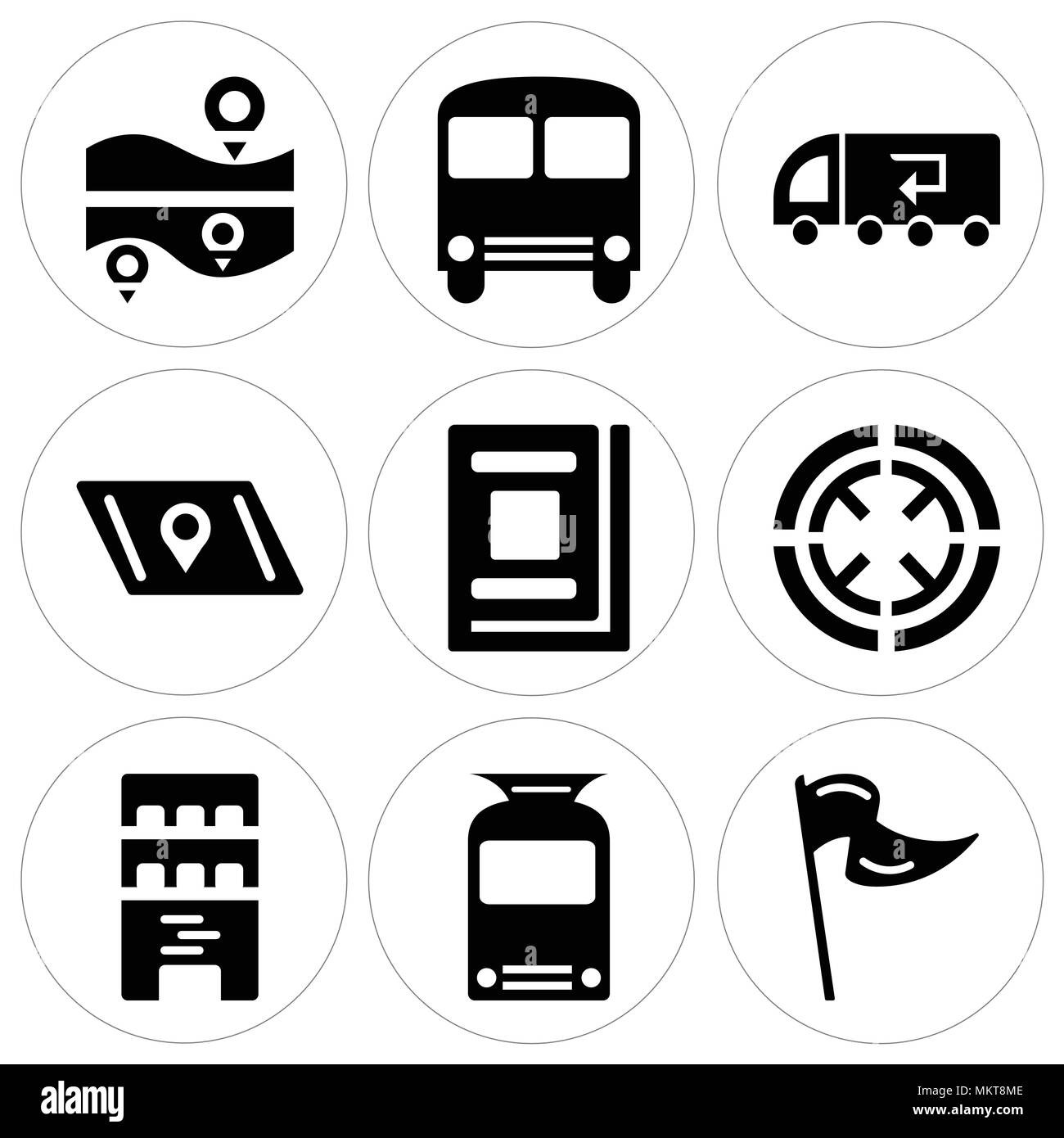 Set Of 9 simple editable icons such as Flag, Tram, Parking, Target ...