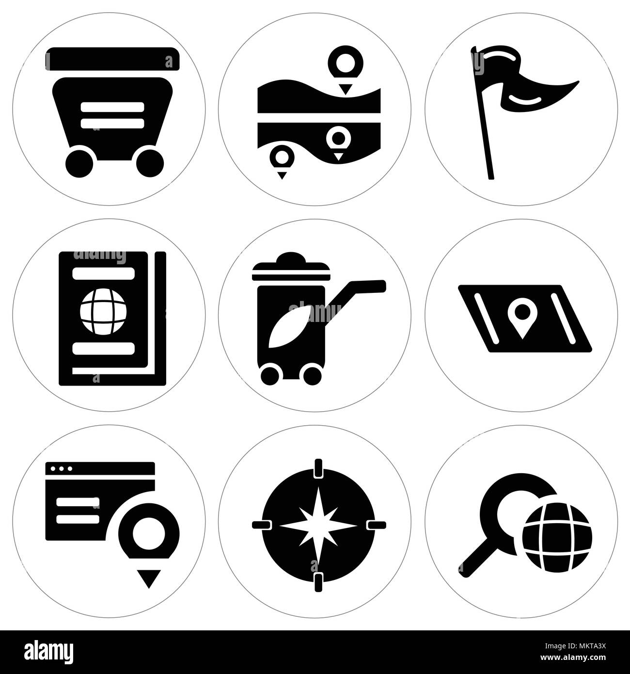 Set Of 9 simple editable icons such as Search, Compass, Map, Recycling ...