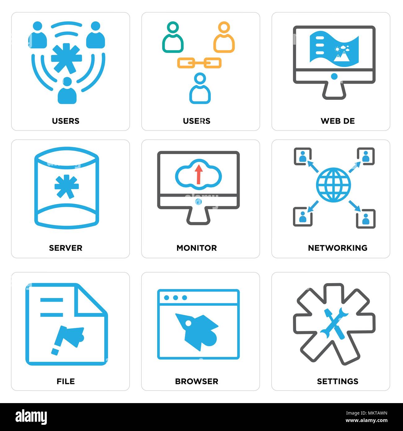 Set Of 9 simple editable icons such as Settings, Browser, File ...