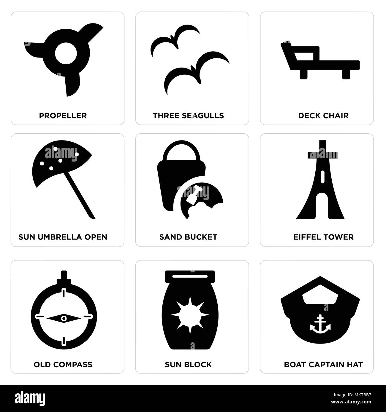Set Of 9 simple editable icons such as Boat Captain Hat, Sun Block, Old ...