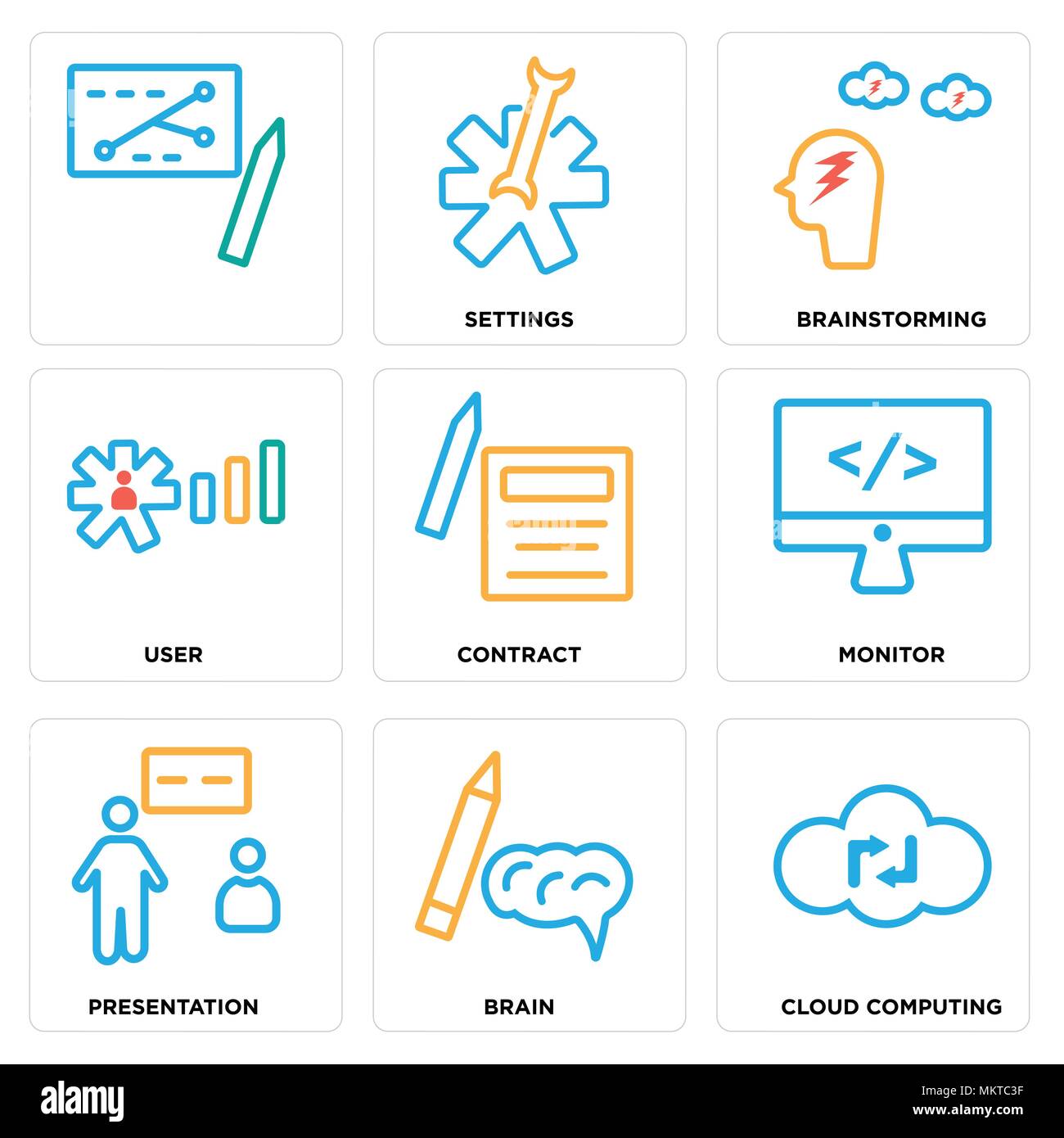 Set Of 9 simple editable icons such as Cloud computing, Brain ...