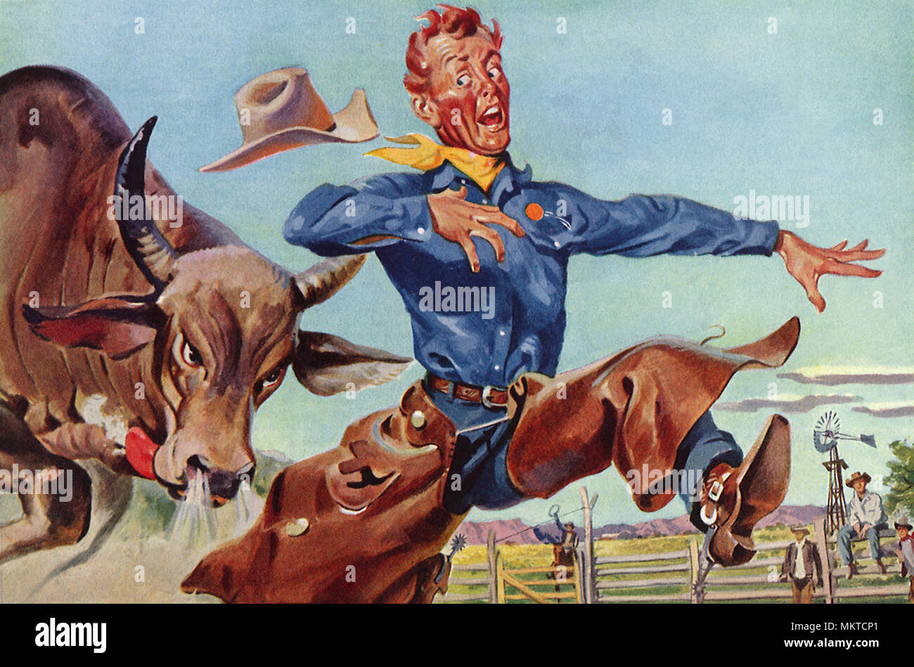 Cowboy runs from Charging Bull Stock Photo - Alamy