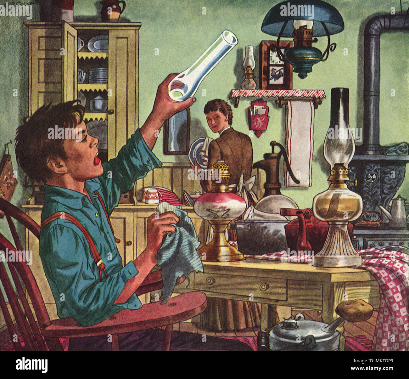 Boy has Trouble cleaning Lamp Chimbly Stock Photo - Alamy