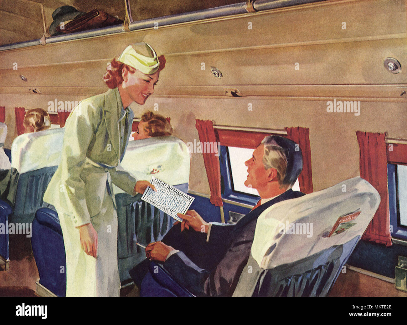 Flight Attendant giving Information to Passenger Stock Photo - Alamy