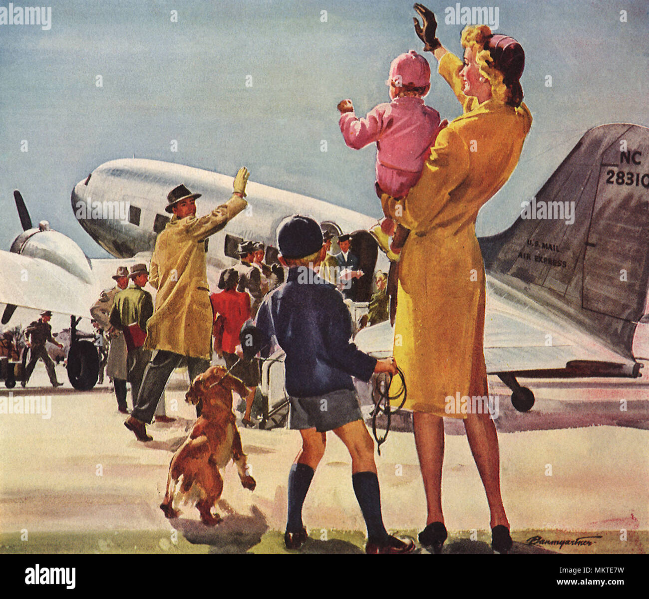 Family Waves Goodbye to Father Boarding a Plane Stock Photo - Alamy