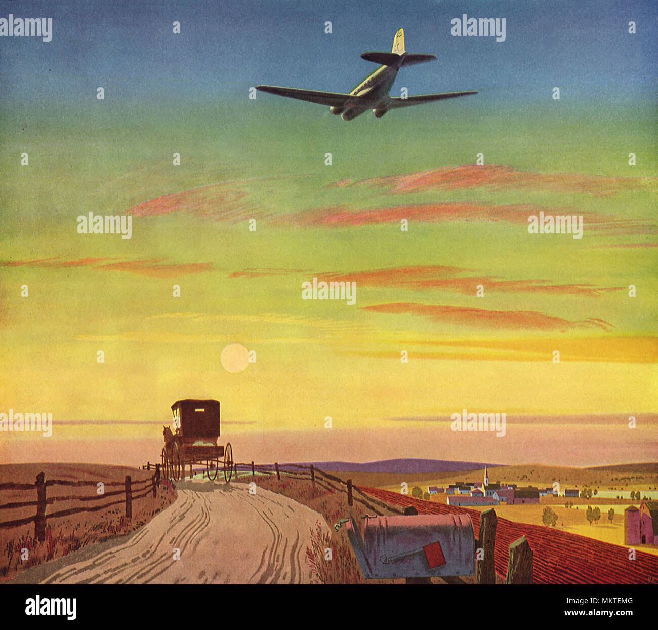 Plane flying over Country Road Stock Photo - Alamy