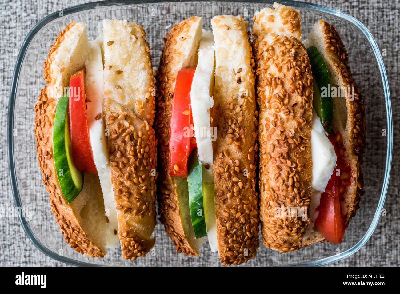 Turkish Bagel Simit Sandwich with cheese, tomato and cucumber. fast ...
