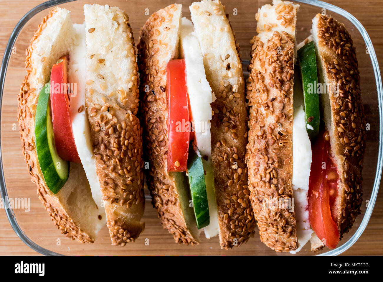 Turkish Bagel Simit Sandwich with cheese, tomato and cucumber. fast ...