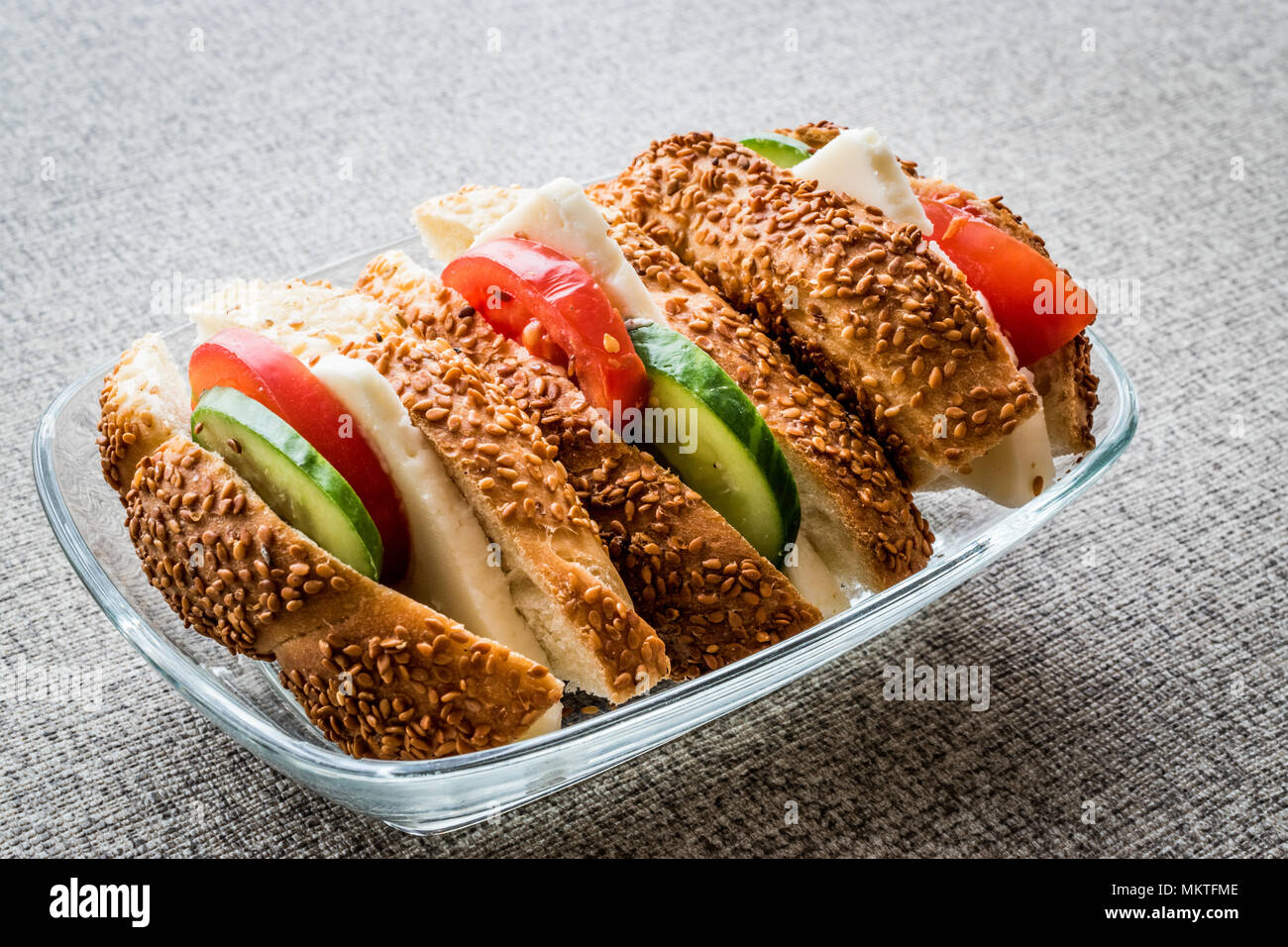Turkish Bagel Simit Sandwich with cheese, tomato and cucumber. fast ...