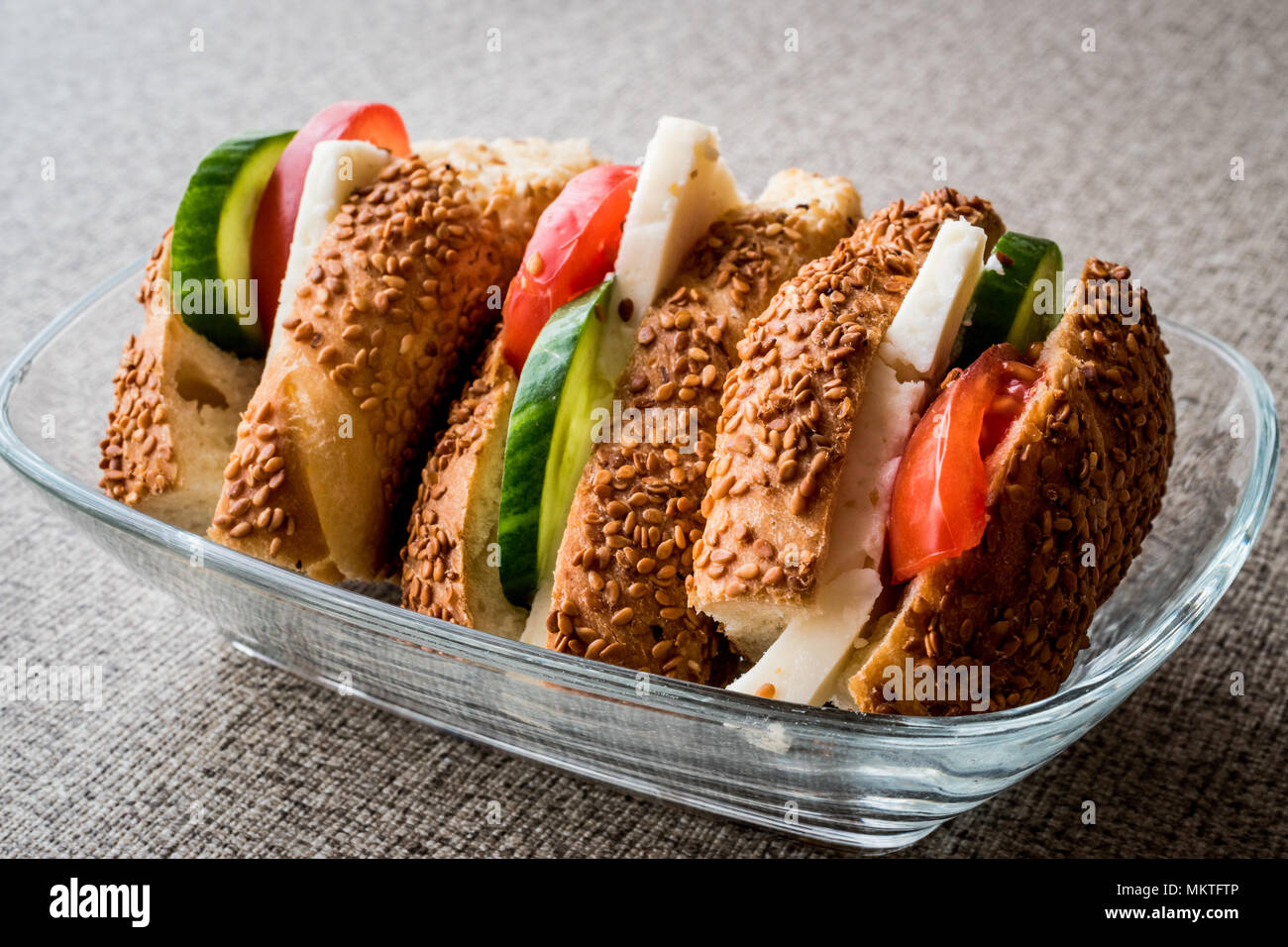 Turkish Bagel Simit Sandwich with cheese, tomato and cucumber. fast ...