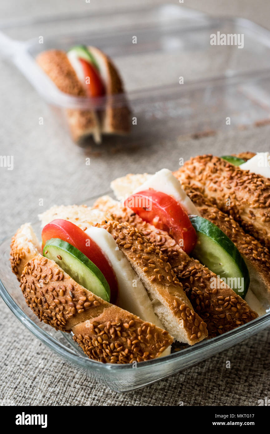 Turkish Bagel Simit Sandwich with cheese, tomato and cucumber. fast ...