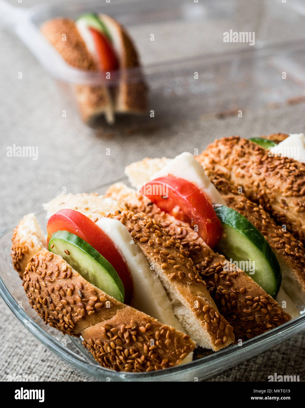 Turkish Bagel Simit Sandwich with cheese, tomato and cucumber. fast ...